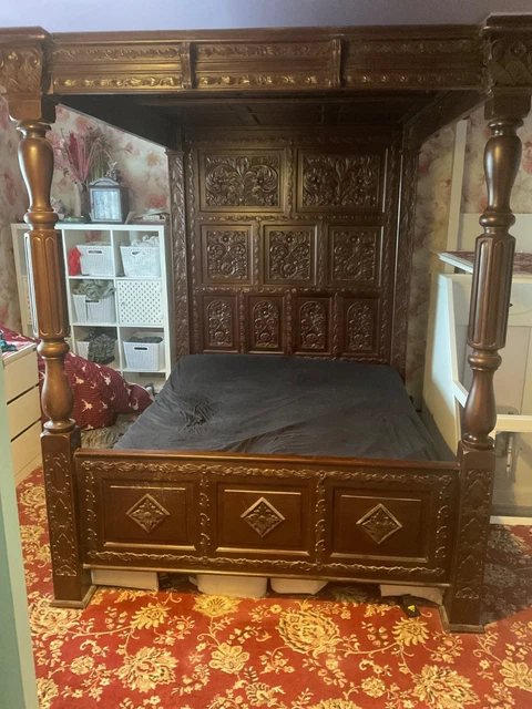 MAHOGANY FOUR POSTER Bed Hand Carved Tudor Style Antique King Size £797 ...