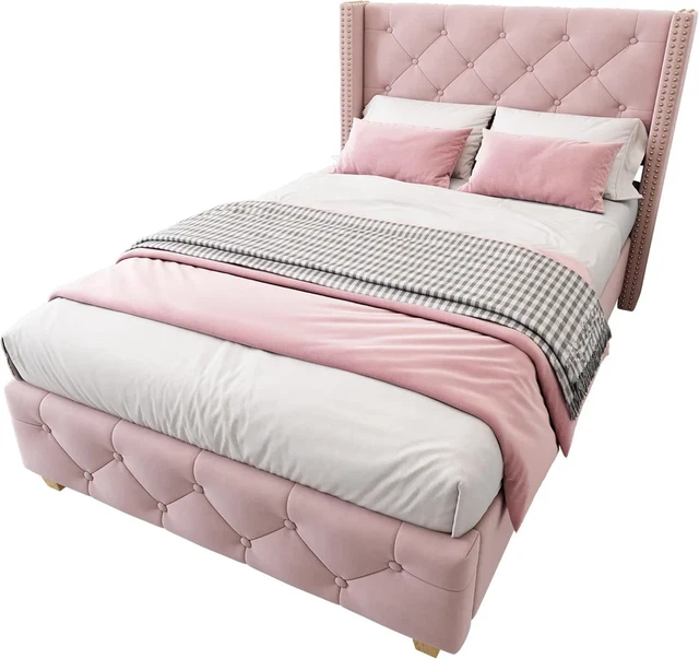 SINGLE BED FRAME 3FT Pink Linen Upholstered Rivet Detail Wooden Legs ...