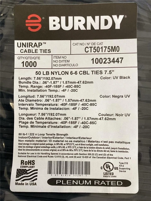 + BURNDY UNIRAP Cable Ties 50LB Nylon 6-6 CBL 7.5" UV Black Pack of ...
