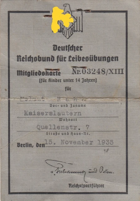 ALTE MITGLIEDSKARTE TURNVEREIN 1861 Kaiserslautern 1935 Tschammer EUR ...