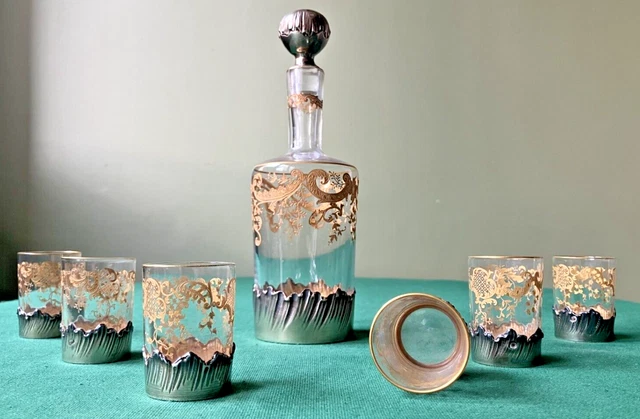 SERVICE LIQUEUR SAINT-LOUIS TALMA réhaussé or & cerclé argent massif en ...