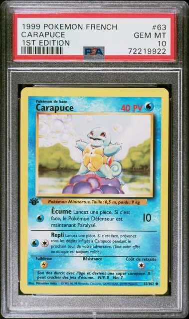 CARTE POKEMON CARAPUCE 63/102 Set de Base Edition 1 PCA PSA 10 GEM Mint ...