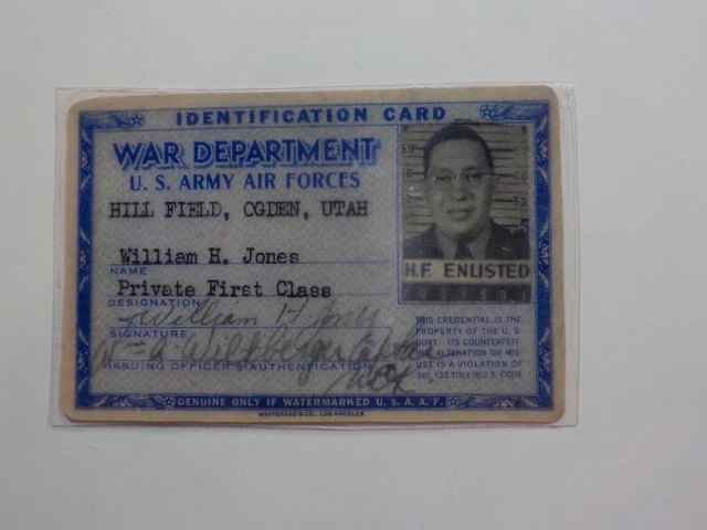 WWII PHOTO ID Card War Department U.S. Army Air Forces Hill Field Ogden ...