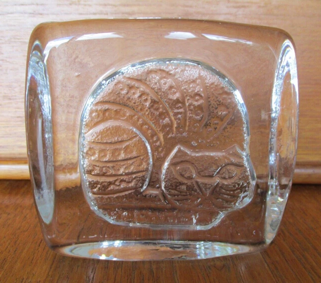 GLASS BLOCK CAT Paperweight MCM Modernist Square Pressed Italy ...