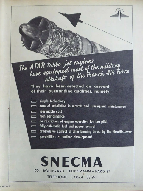 1960'S PUB SNECMA Aircraft Engine Atar Turbo Jet Mirage Original Ad £10 ...