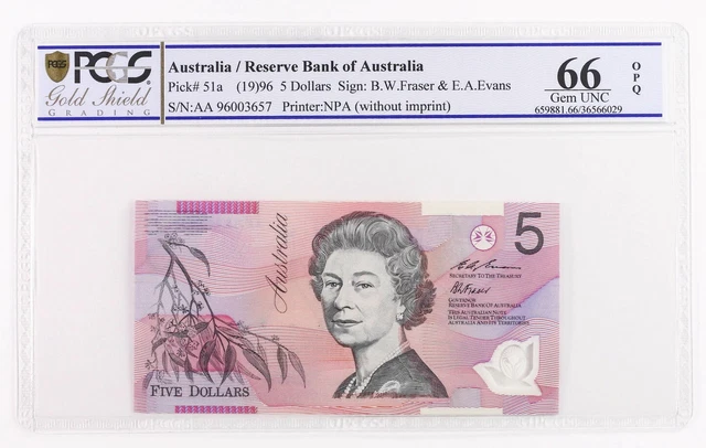 1996 AUSTRALIA $5 Banknote Macfarlane/Evans AA PREFIX Gem UNC 66 OPQ ...