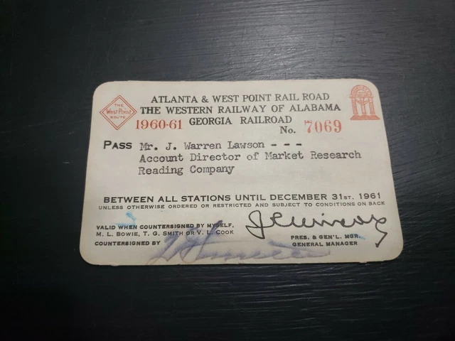 VINTAGE RARE 1960 1961 Atlanta West Point Railroad Railway Pass Alabama ...