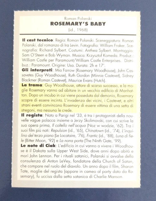 CARTOLINA CINEMATOGRAFICA ROSEMARY'S Baby 1968 Mia Farrow Polanski Ciak ...