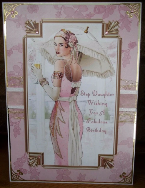 HANDMADE ART DECO Step Daughter Birthday Card Lady In Pink Personalised ...