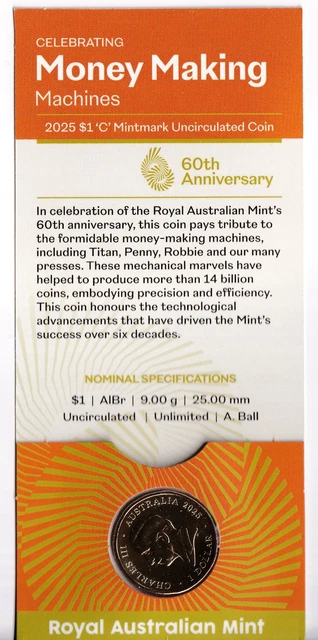 AUSTRALIAN: 2025 $1 60th ANNIVERSARY ROYAL AUST. MINT C CANBERRA COIN # ...