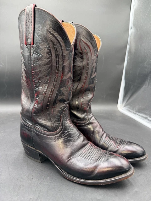 LUCCHESE 2000 MEN’S Black Cherry Leather Cowboy Boots-11D-Embroidered ...