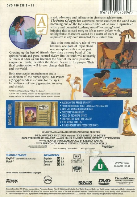 THE PRINCE OF Egypt (1998) DVD, Val Kilmer, Ralph Fiennes, Michelle Pfeiffer £2.48 - PicClick UK