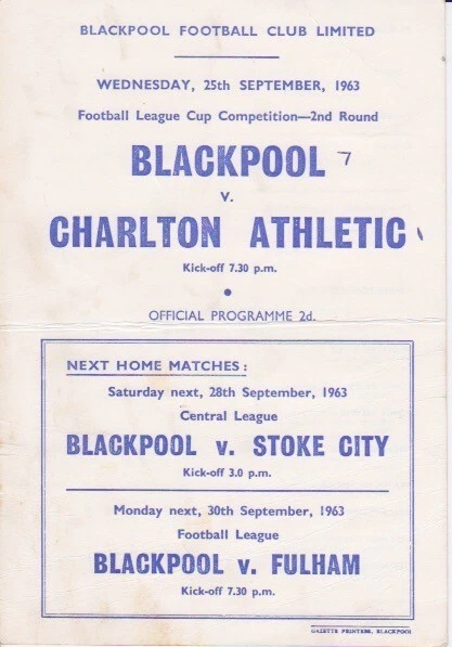 BLACKPOOL V CHARLTON Athletic 25.09.1963 Football League Cup 2nd Round ...