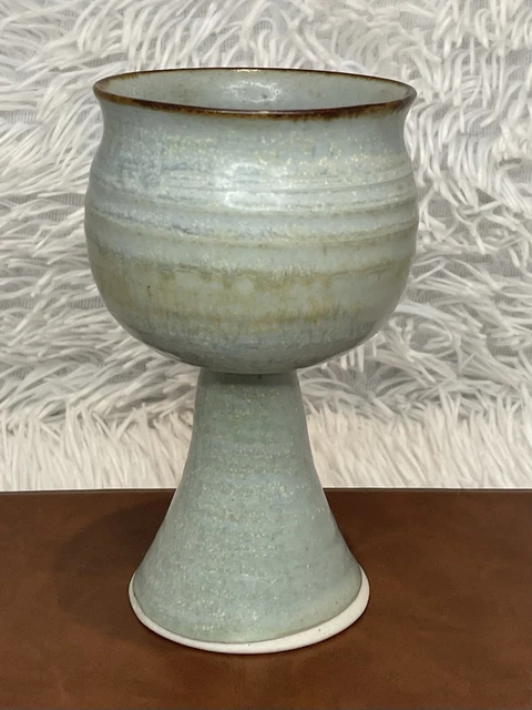 VINTAGE HAND THROWN Studio Pottery Goblet Light Blue White Speckled ...