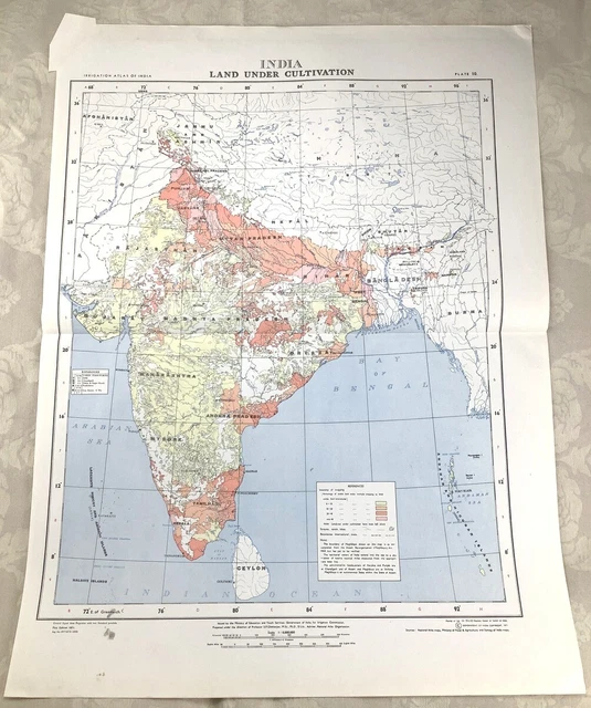 1972 LARGE VINTAGE Map of India Indian Land Use Cultivation Faming ...