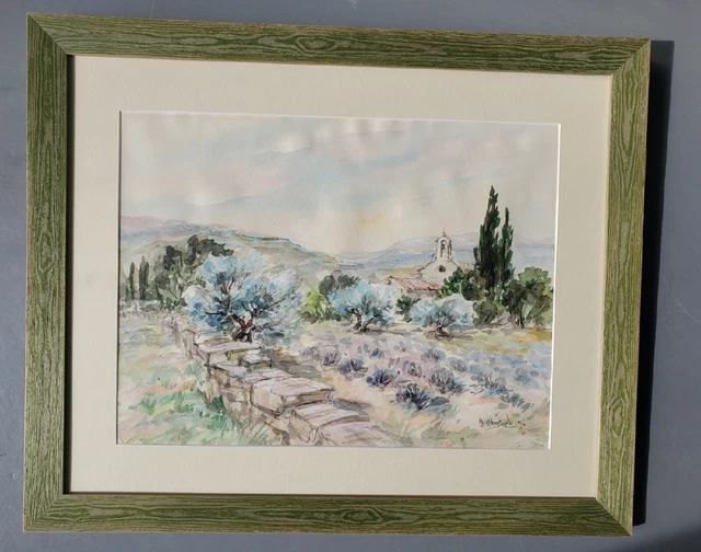 AQUARELLE PAYSAGE PROVENCE SIGNE MICHEL CHRISTOPHE 1986 LAVANDE encadré s/verre EUR 47,00 ...