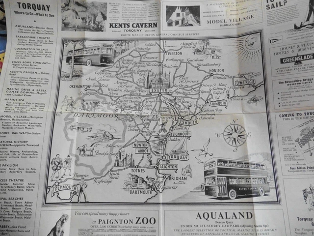1950S OR 1960S SINGLE SHEET ROUTE MAP OF DEVON GENERAL OMNIBUS SERVICE ...
