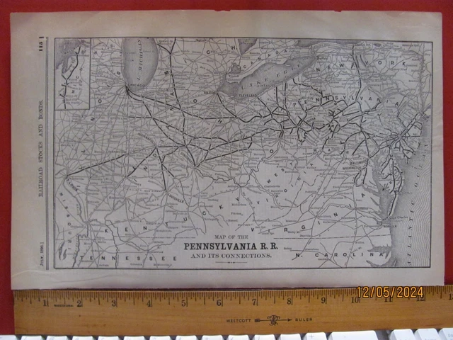 1890 PENNSYLVANIA RAILROAD ORIGINAL SYSTEM ROUTE MAP in IN IL PN NY NJ ...