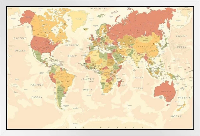 WORLD POLITICAL VINTAGE Classroom Reference Map White Wood Framed ...