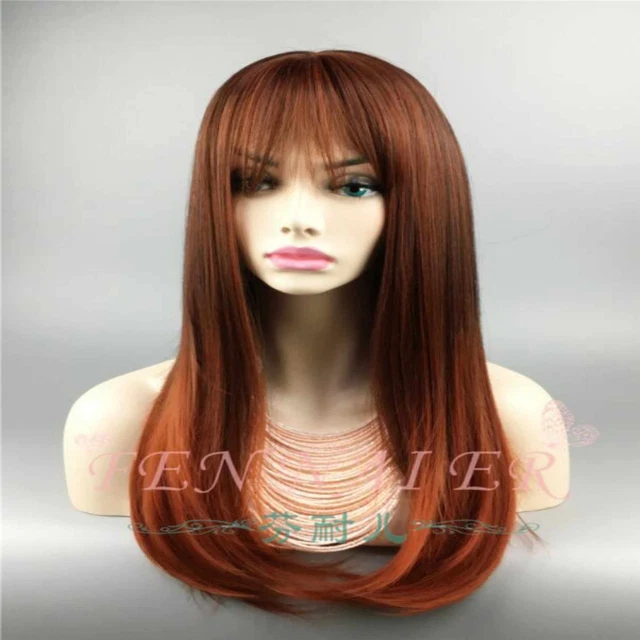 RED GRADIENT BLACK girl long straight hair see-through bang wig hair ...