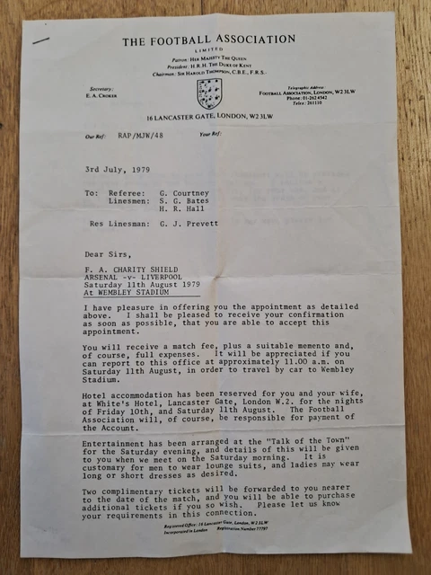 FA LETTER TO Referee & Linesman Re: 1979 Charity Shield Arsenal V ...