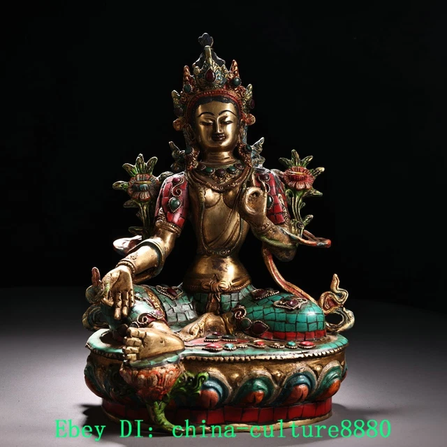 VIEUX TIBÉTAIN CUIVRE plaqué or turquoise gemme vert Tara Guanyin déesse EUR 768,00 - PicClick FR