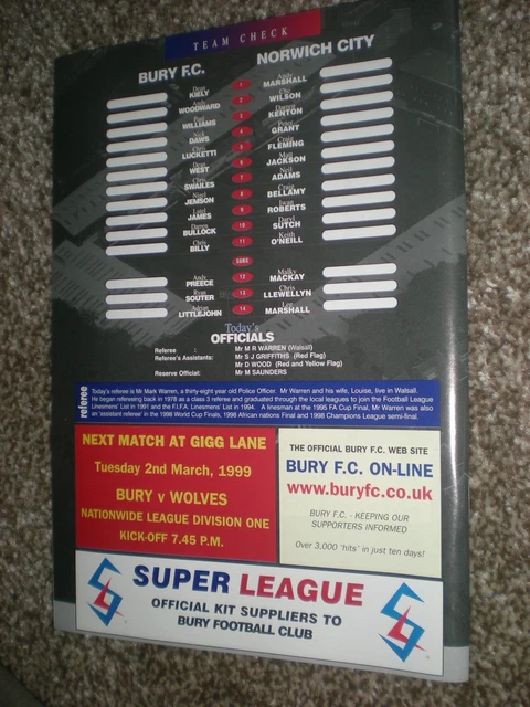BURY V NORWICH CITY, 20th FEBRUARY 1999, NO WRITING, MINT CONDITION. £5 ...