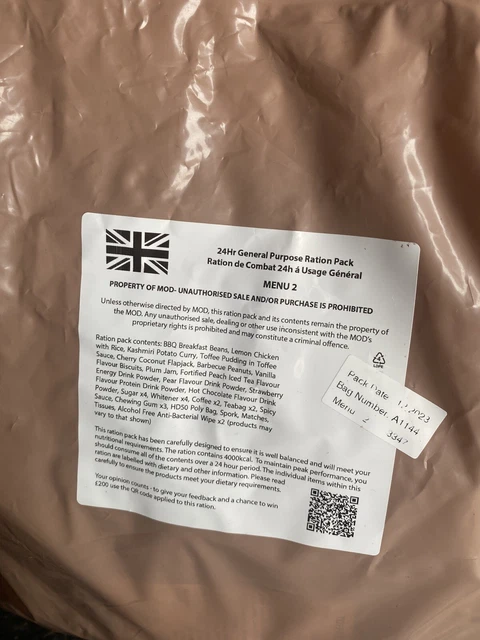 BRITISH ARMY 24 Hr Ration Pack Menu 2 ( Genuine Military Issue) Ex 10/ ...