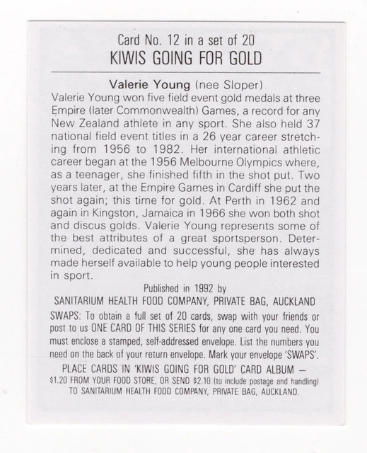 SANITARIUM NZ CARD. Olympians #12 Athletics. Valerie Young (nee Sloper ...