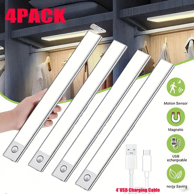 4PCS LED MOTION Sensor Under Cabinet Closet Light USB Rechargeable ...