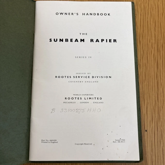SUNBEAM RAPIER SERIES Iv Original 1964 Owners Instruction Handbook £10.80 - PicClick UK