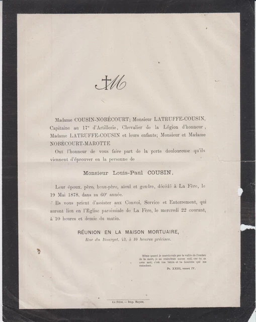DEATH ANNOUNCEMENT LOUIS-PAUL COUSIN (1819-1878) - La Fère (Aisne). £30 ...