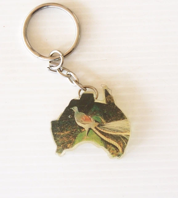 VINTAGE AUSTRALIAN LYREBIRD Map Shape Travel Souvenir Acrylic Keyring ...