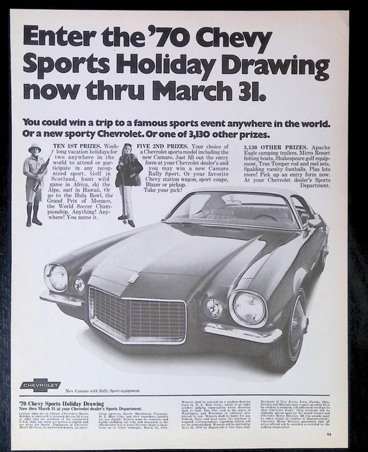 VINTAGE PRINT AD 1970 Chevrolet Chevy Camaro Rally Sport Holiday ...