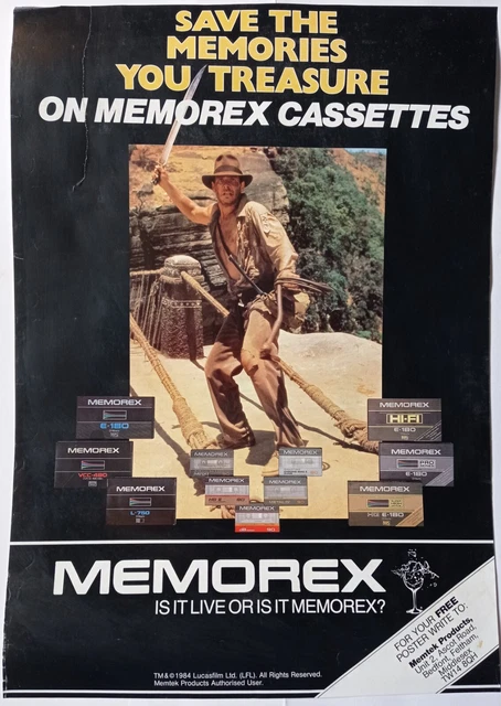 RARE MEMOREX INDIANA Jones and the Temple Of Doom Advertising Poster ...