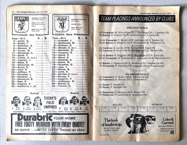 1978 GEELONG V Richmond Saturday April 22 Edition Vfl Footy Record $12. ...