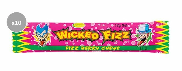 900573 10 X 12g BARS WICKED FIZZ CHEWS BERRY FLAVOURED SHERBET SOUR ...