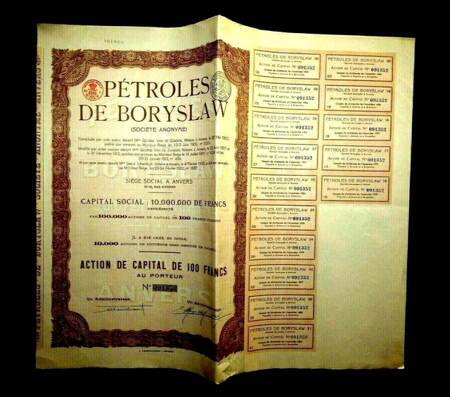 PÉTROLES DE BORYSLAW, 100 Fr certificat d'actions 1920 Ukraine, très ...