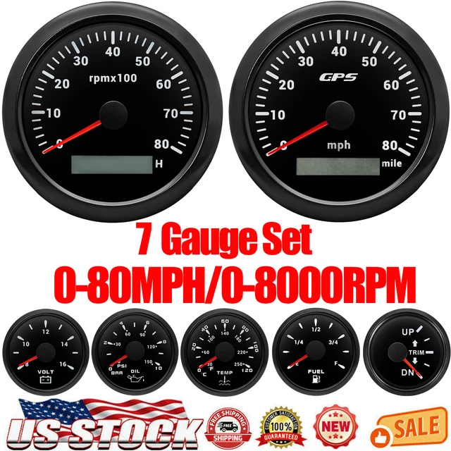 7 GAUGE SET Black 85mm GPS Speedometer 80MPH Tachometer 8000RPM Gauge ...