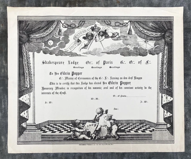 FREEMASONRY: SHAKESPEARE LODGE of Paris Masonic Diploma / circa 1850 £ ...