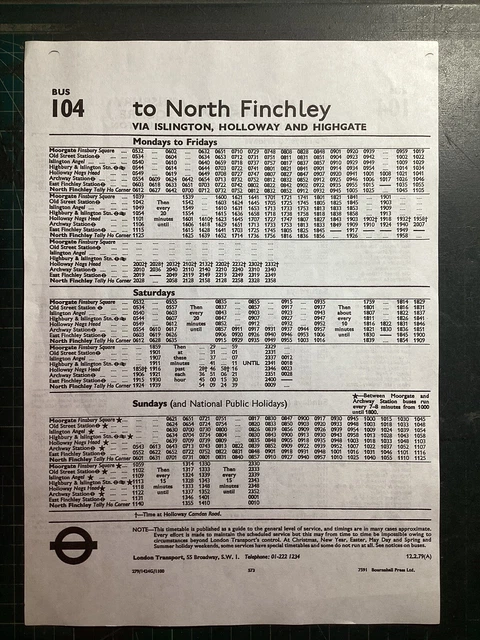 LONDON TRANSPORT BUS Stop Panel Timetable - Route 104 £0.99 - PicClick UK