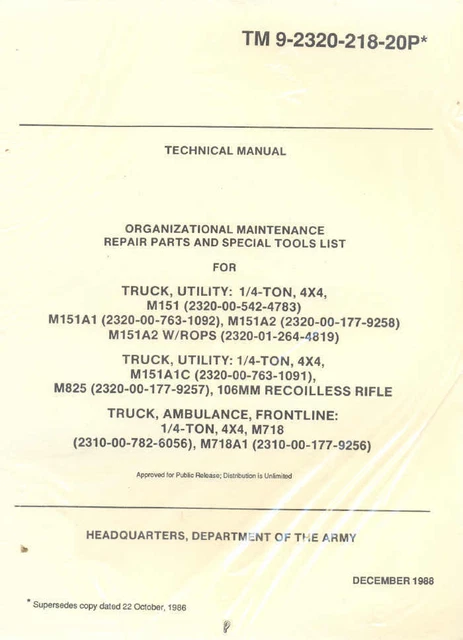 TM9-2320-218-20P FORD M151 1/4 ton MUTT Operators manual M151A2 Army ...