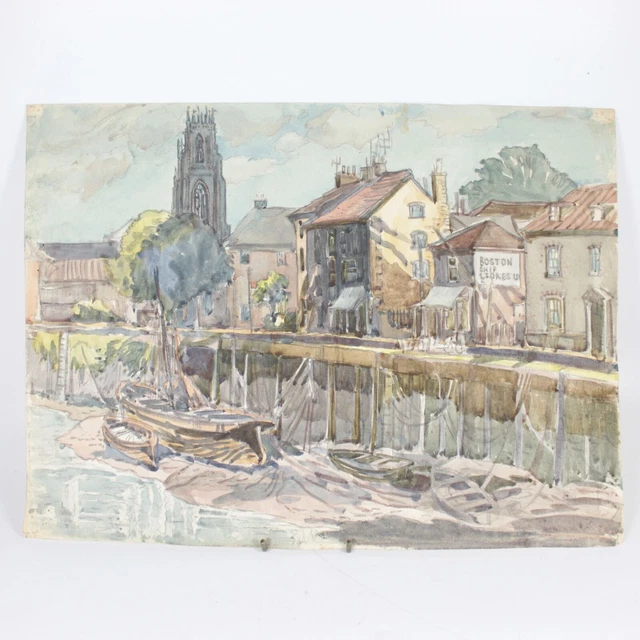 FRED SAWYER WATERCOLOUR painting harbour shipyard scene boat ship c1950 ...