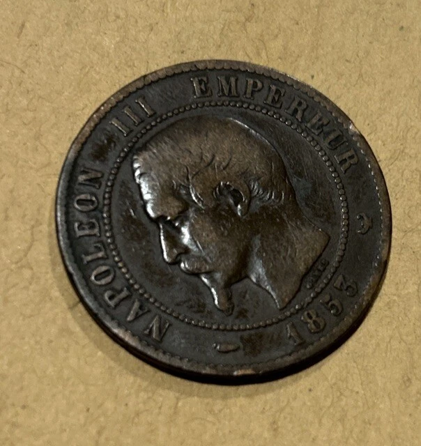 FRANCE 1854 NAPOLEON III Dix Centimes Coin ( Mint W ) KM#771.7 Dog ...