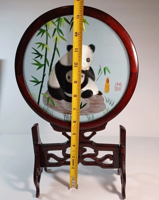 CHINESE DOUBLE SIDED Handmade Silk Embroidery Panda Bears Baby Swivel ...
