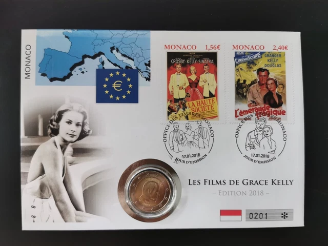 2 EURO, LETTERA numisca Monaco, I film di Grace Kelly, principe Alberto ...