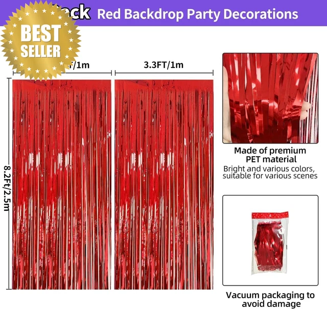 2 PACK RED Foil Fringe Curtain Metallic Tinsel Party Backdrop 3.3x8.2ft ...