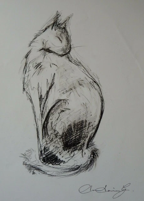 ORIGINAL CHINAGRAPH PENCIL drawing of a cat stretching on ivory paper £ ...