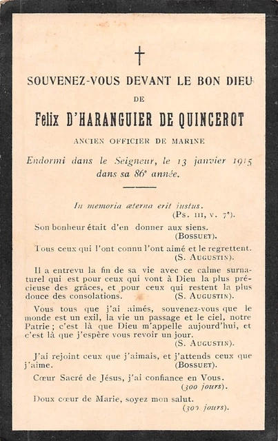GÉNÉALOGIE AVIS DE décès FELIX D'HARANGUIER DE QUINCEROT 13 janvier 1915 EUR 5,00 - PicClick FR