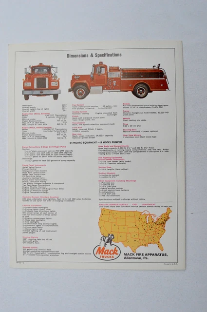 1967 MACK TRUCKS R Model Pumper Dealer Brochure - English $35.00 ...